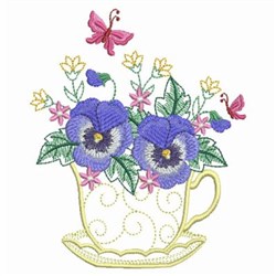 Teacup & Pansies Embroidery Design | EmbroideryDesigns.com