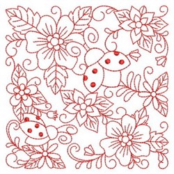 Redwork Ladybugs & Flowers Embroidery Design | EmbroideryDesigns.com
