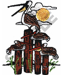 PELICANS ON PIER Embroidery Design | EmbroideryDesigns.com