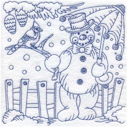 Bluework Snowman with Bluejay Embroidery Design | EmbroideryDesigns.com