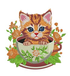 Tea Cup Cat Embroidery Design | EmbroideryDesigns.com