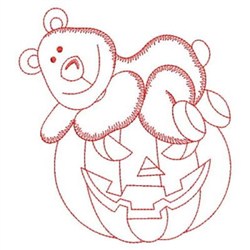 Redwork Halloween Bear On Pumpkin Embroidery Design | EmbroideryDesigns.com